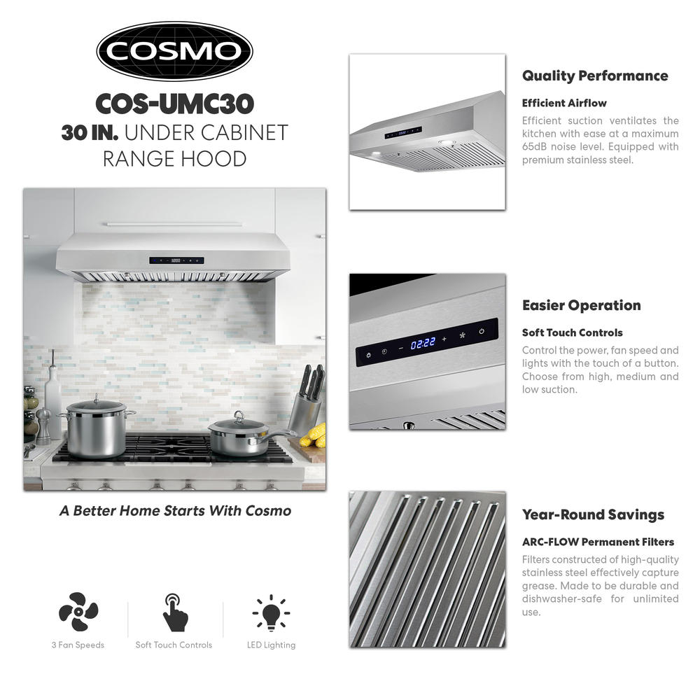 Cosmo 30 in. 380 CFM Ductless Under Cabinet Range Hood with LCD Touch ...