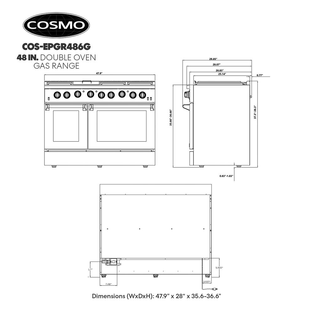 Cosmo 48 in. 6.8 cu. ft. Double Oven Commercial Gas Range with Fan ...