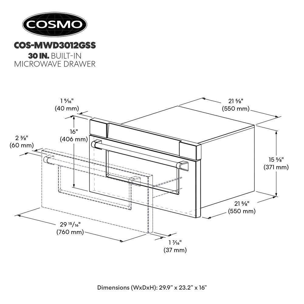 Cosmo 30 in. Haven Collection 1.2 cu. ft. Built-in Microwave Drawer ...