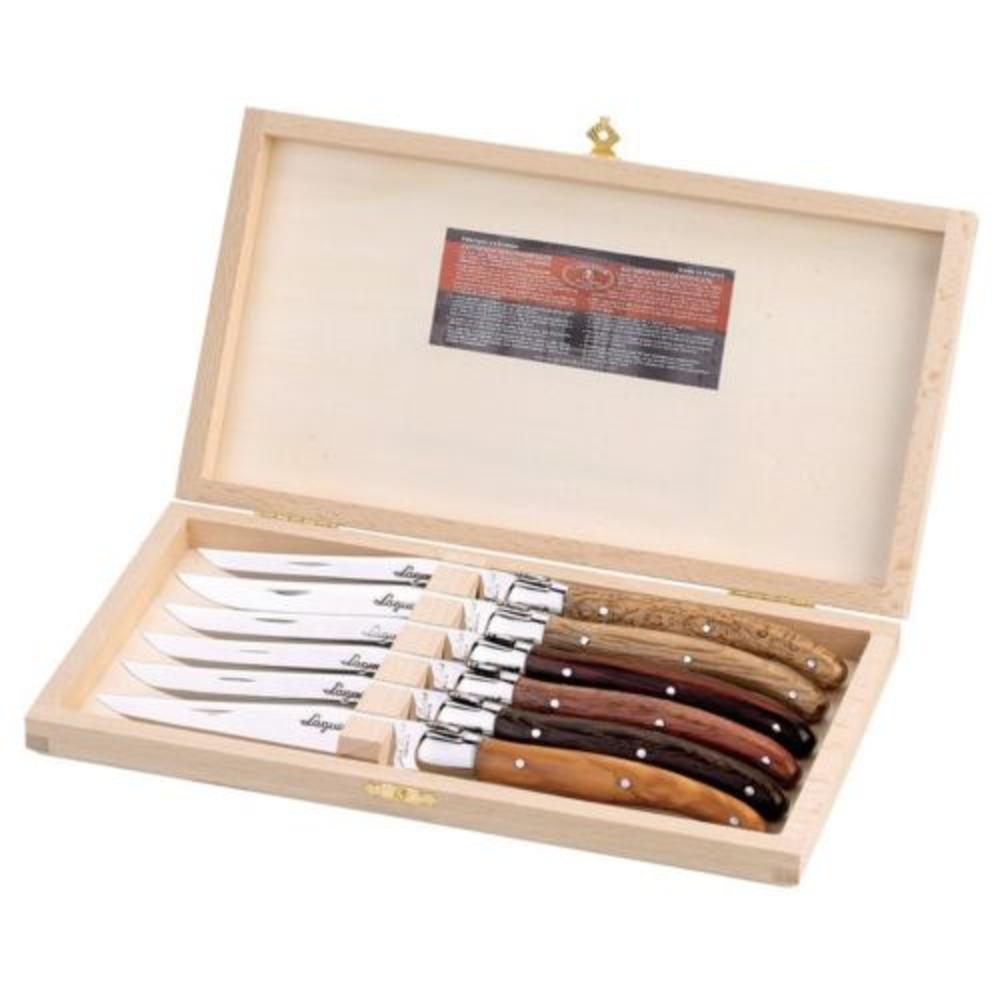 Jean Dubost Laguiole 6pc Steak Knife Set with Assorted Wood Handles