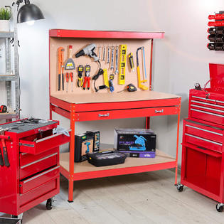 Goplus Red Work Bench Tool Storage Steel Tool Workshop Table W/ Drawer ...