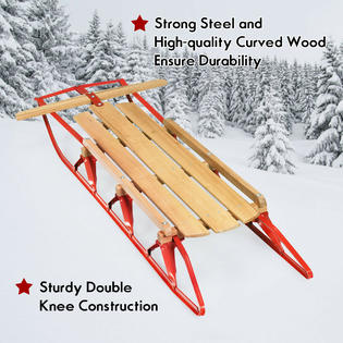 Costway 54”Kids Wooden Snow Sled w/ Metal Runners & Steering Bar ...