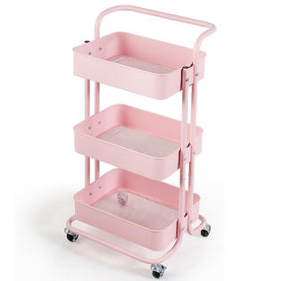 Costway Pink 32.5" 3-Tier Metal Rolling Storage Cart Trolley Kitchen 2 ...