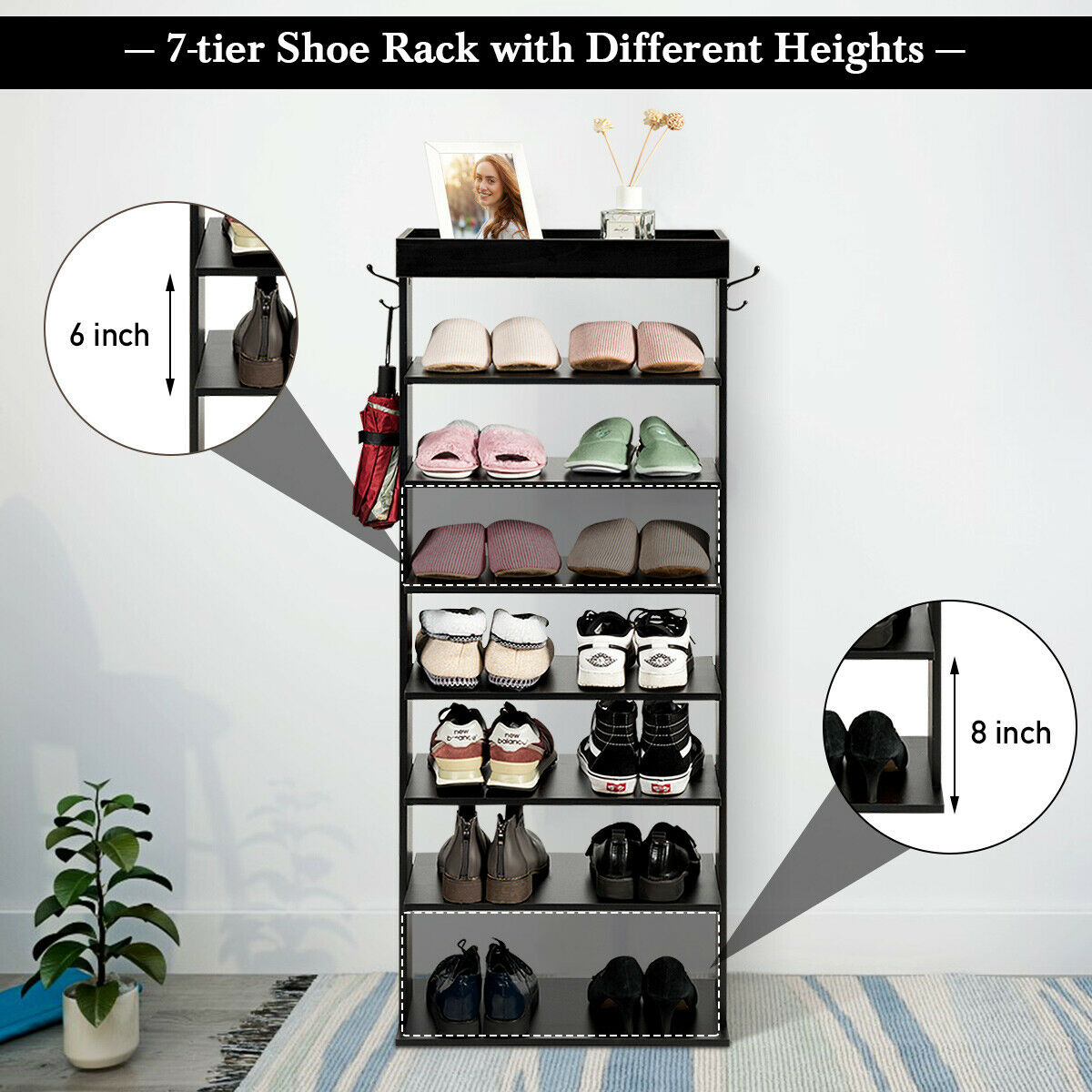 Costway 7-Tier Shoe Rack Vertical Design Wooden Shoe Storage Shelf w ...