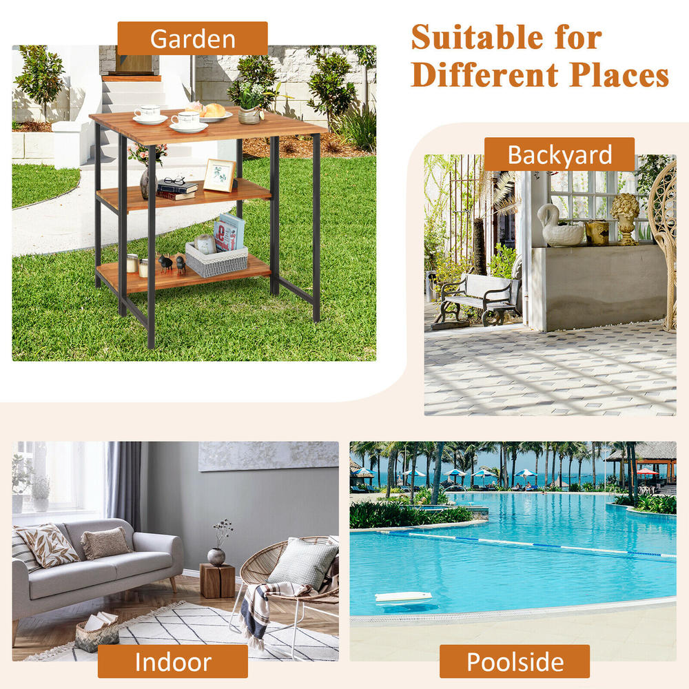 Patiojoy Patio Acacia Wood Folding Dining Table Storage Shelves Garden Deck