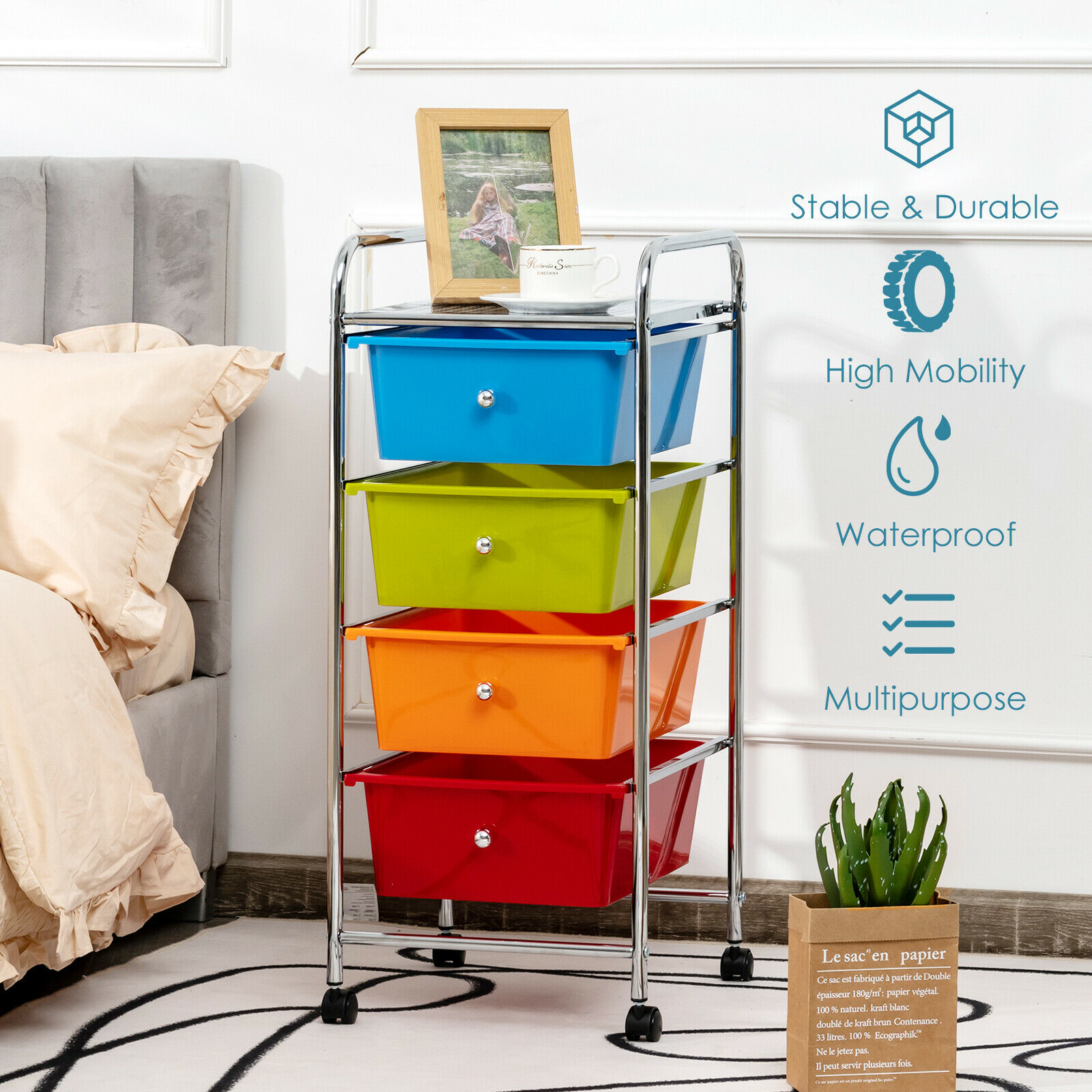 Costway 4-Drawer Cart Storage Bin Organizer Rolling w/Plastic Drawers ...