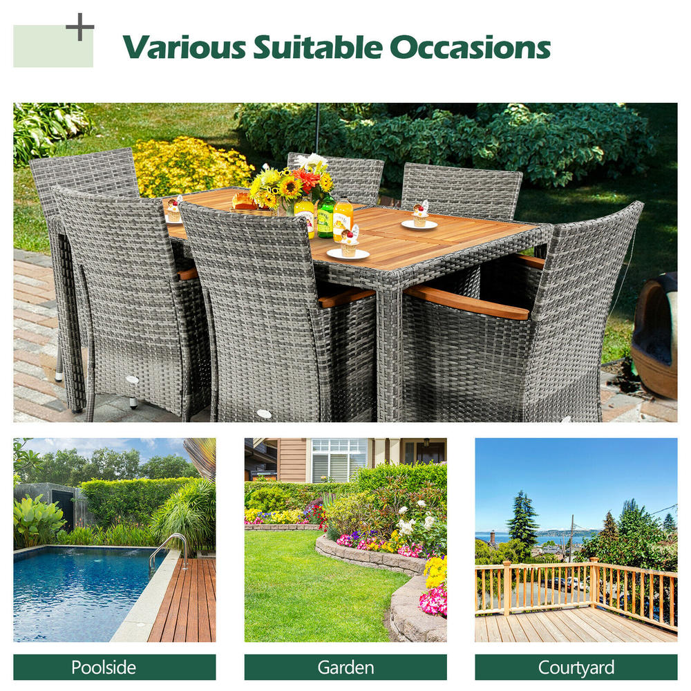 Patiojoy 7PCS Patio Rattan Dining Set Acacia Wood Table Cushioned Chair ...