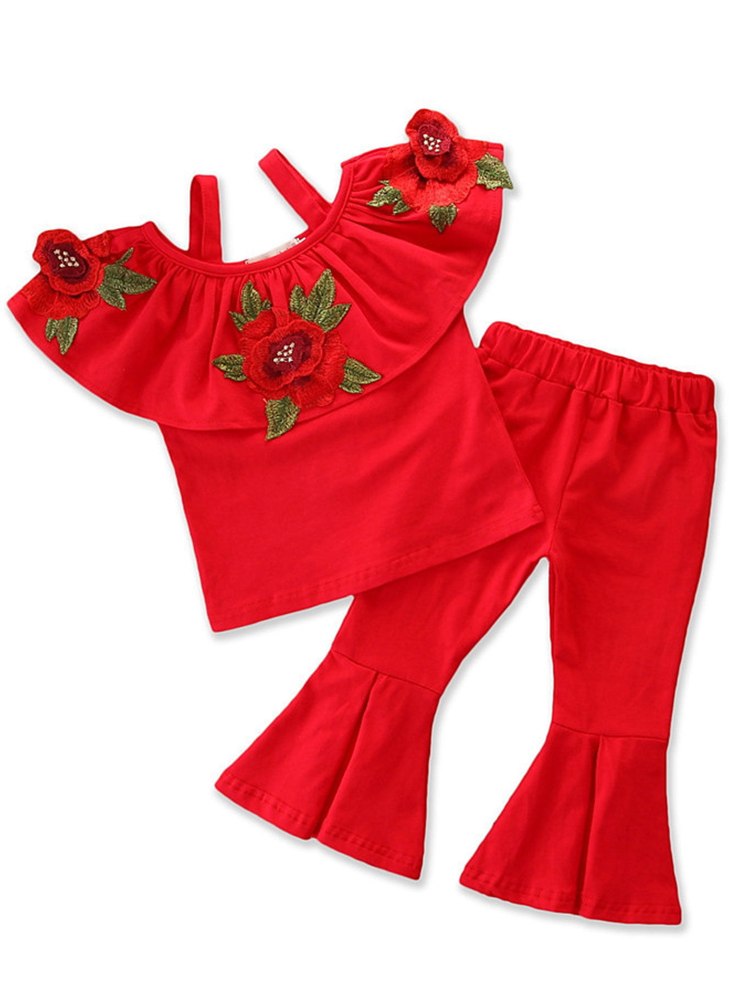 TOMCARRY Toddler Red Rose Top Bell Bottom Pajama Suit Set