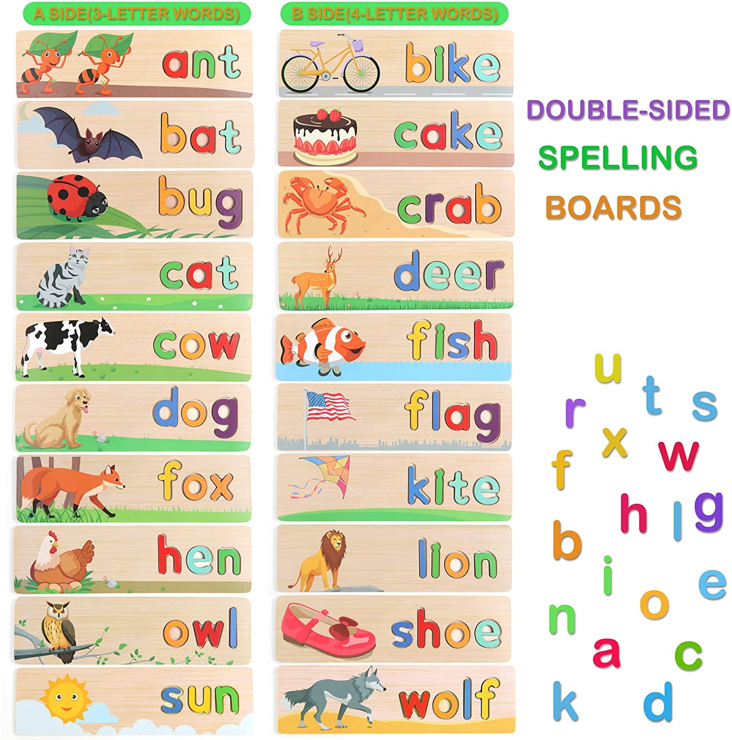 AFOUNDA Wooden Alphabet Puzzles See Spell Wooden Learning Educational Wooden Toys Double Sided Words Pictures Matching Game Spel