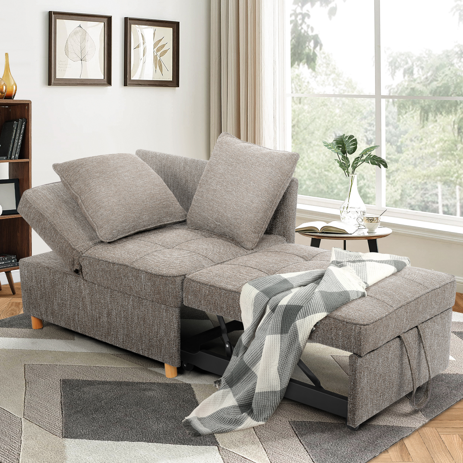 Generic Sofa Bed 4 In 1 Convertible Sofa Couche 3 Seat Linen Fabric Loveseat Sofa Single Recliner W 2 Throw Pillow 5 Adjustable Backrest
