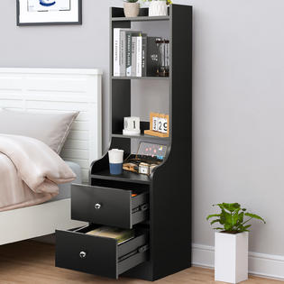 Generic Black Nightstand Modern Nightstand with 2 Drawers 55 Tall Bedside Table with 4 Tier Open Shelves Wood Night Stand Storage Ca