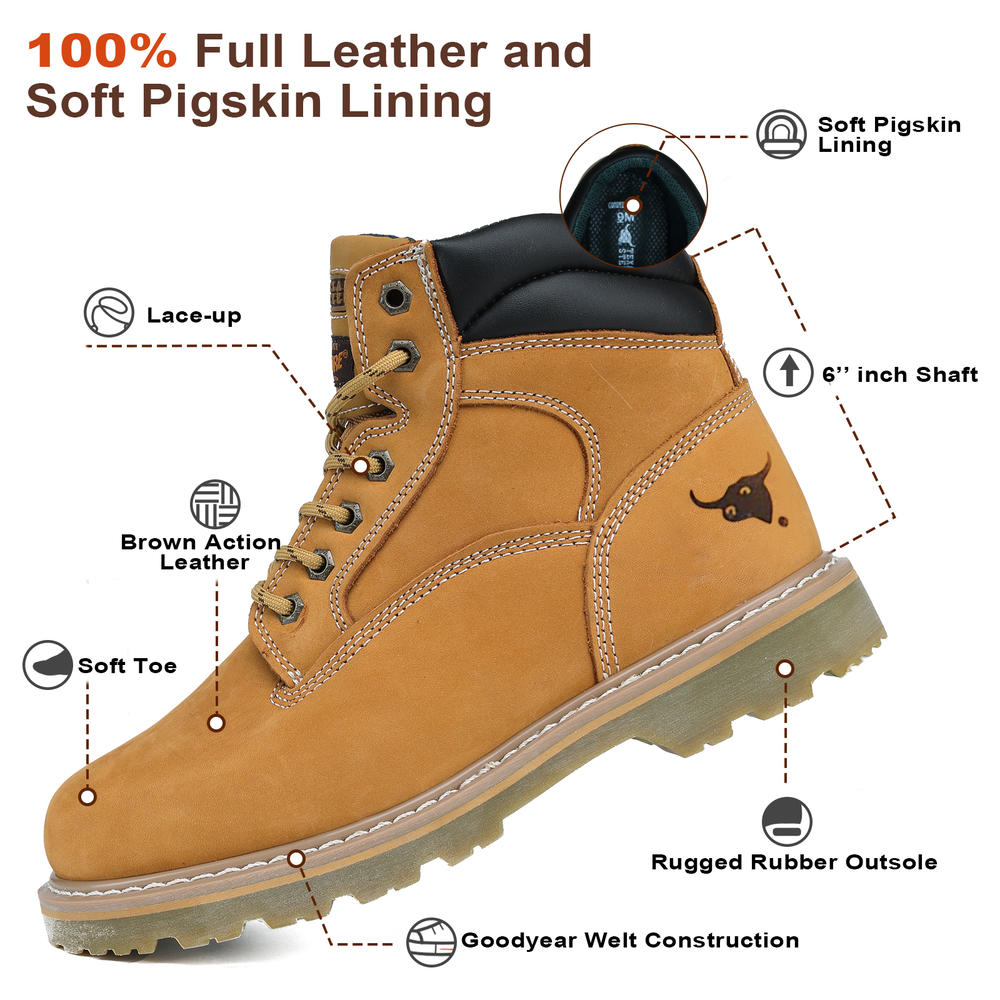 Hardgo Men's Work Boots 6" Leather Soft Toe Nubuck, Rubber Sole ...