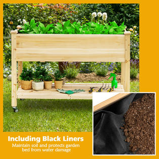 Gymax GYM06187 Raised Garden Bed Wood Elevated Planter Bed w Lockable Wheels Shelf Liner