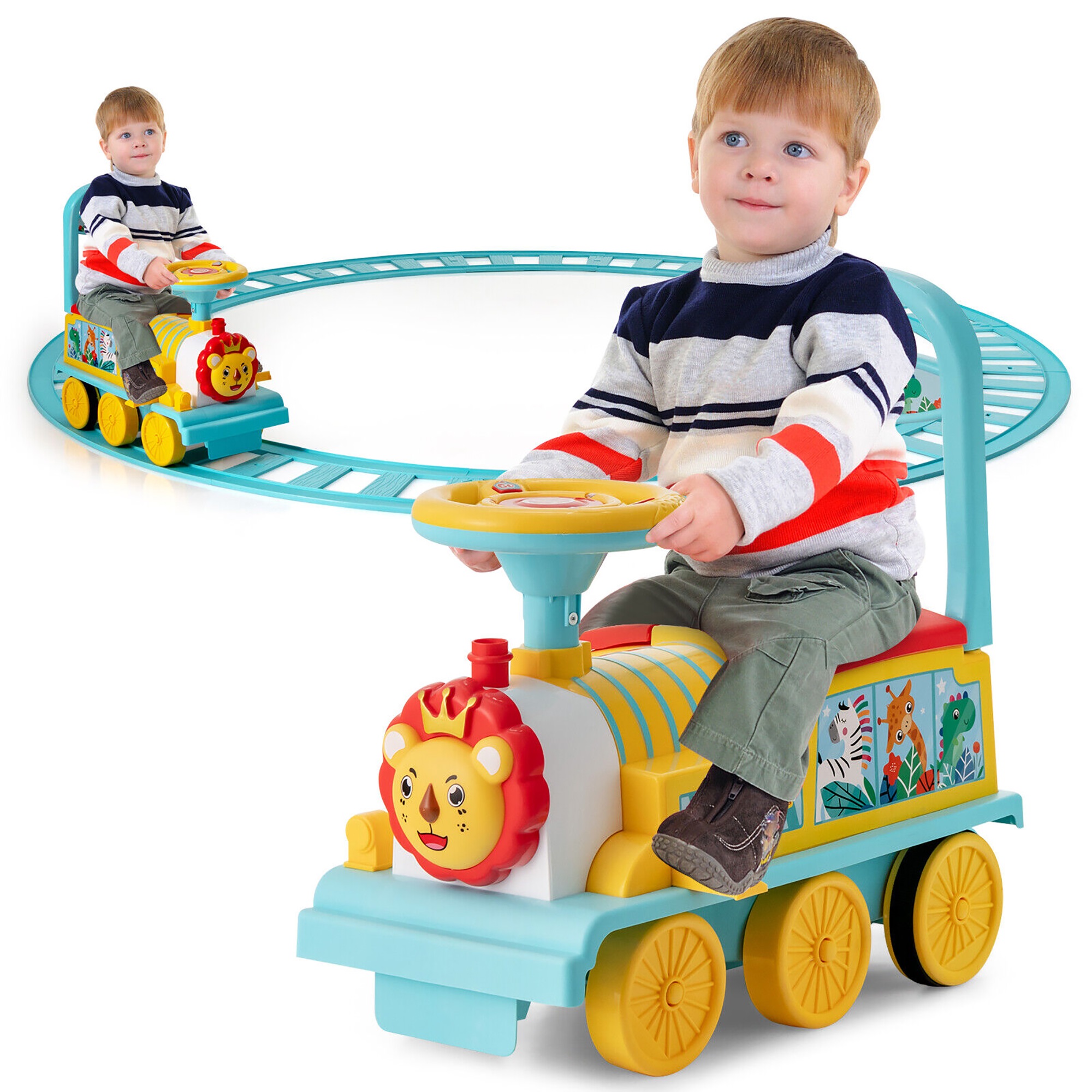 Gymax 6V Electric Kids Ride On Train Motorized Train Toy w/ Track & 6 Wheels Blue
