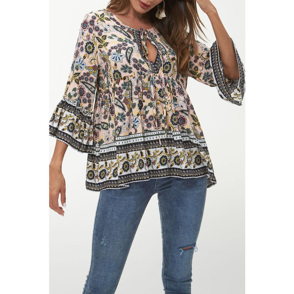 Zara Bees Women Printed Attractive Keyhole Bell Sleeve Top