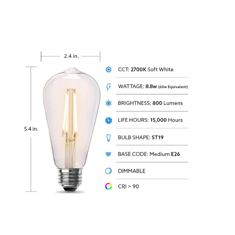 Feit Electric 60-Watt Equivalent ST19 Dimmable Straight Filament Clear Glass E26 Vintage Edison ...