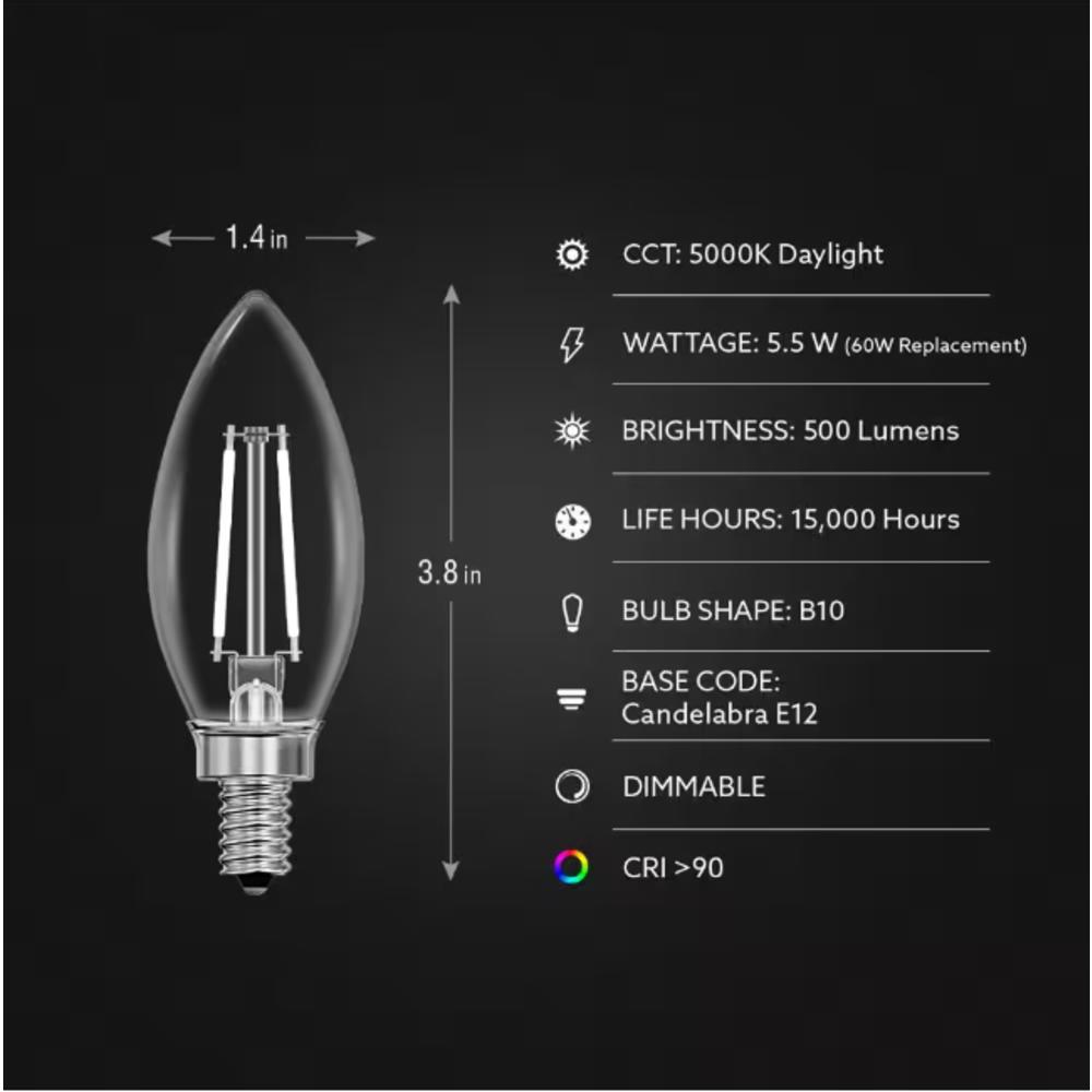 Feit Electric 60-Watt Equivalent B10 E12 Candelabra Dim White Filament ...