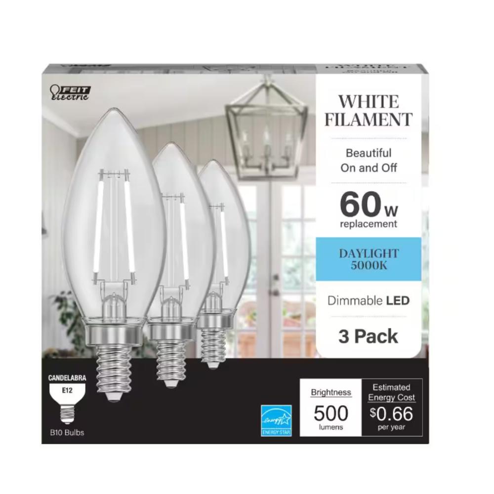 Feit Electric 60-Watt Equivalent B10 E12 Candelabra Dim White Filament ...