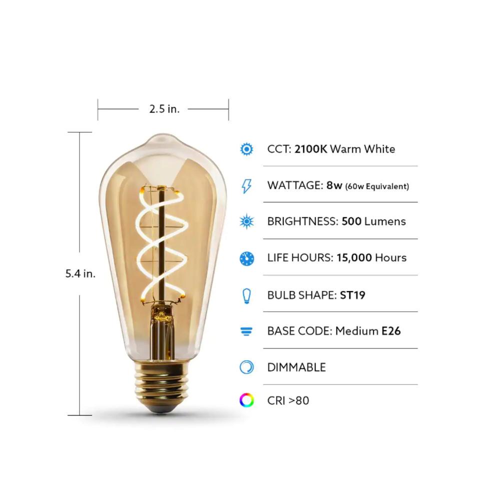 Feit Electric 60-Watt Equivalent ST19 Dimmable Spiral Filament Amber ...