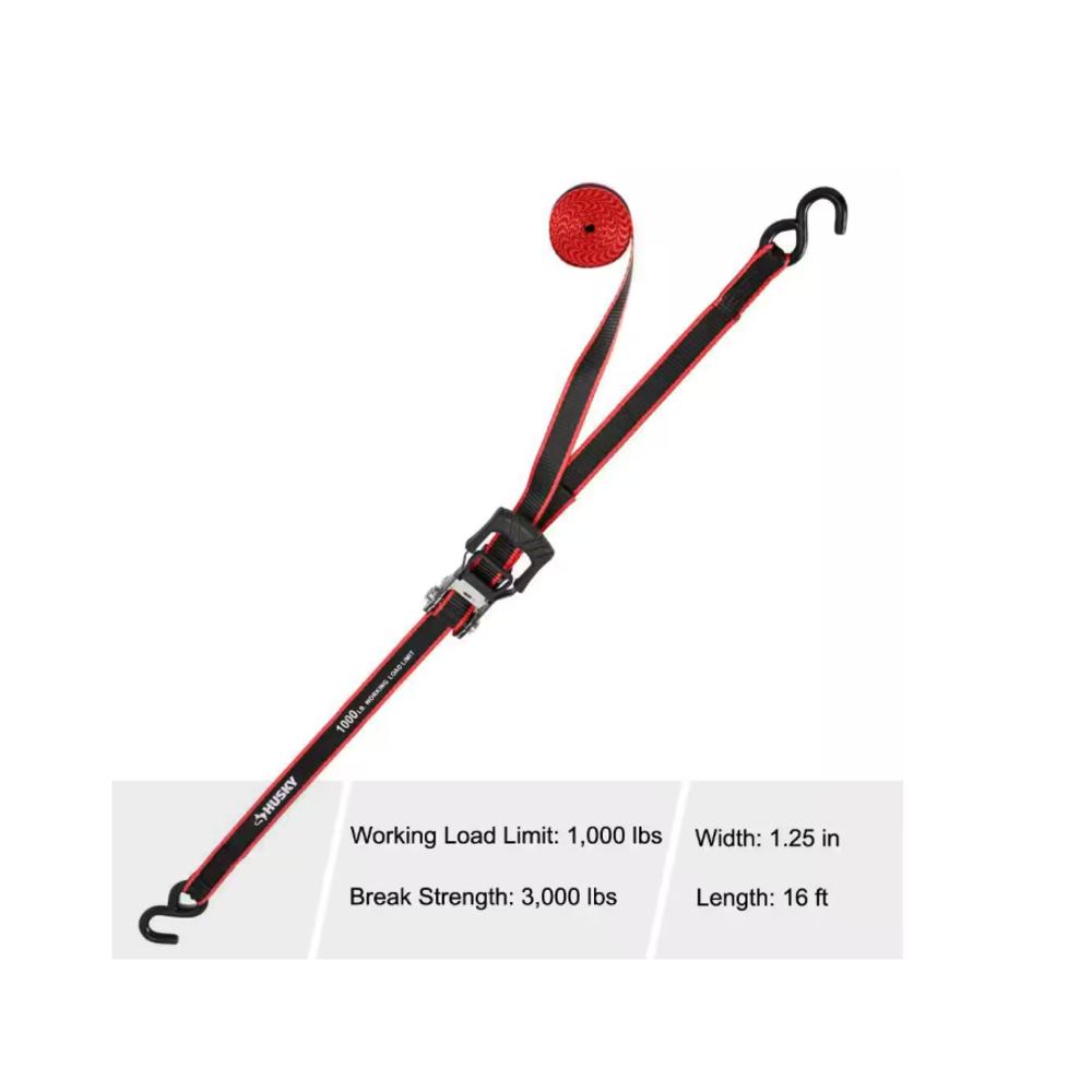 Husky 16 ft. 1.25 in. Ratchet Tie-Down Straps with S-Hook (4-Pack ...