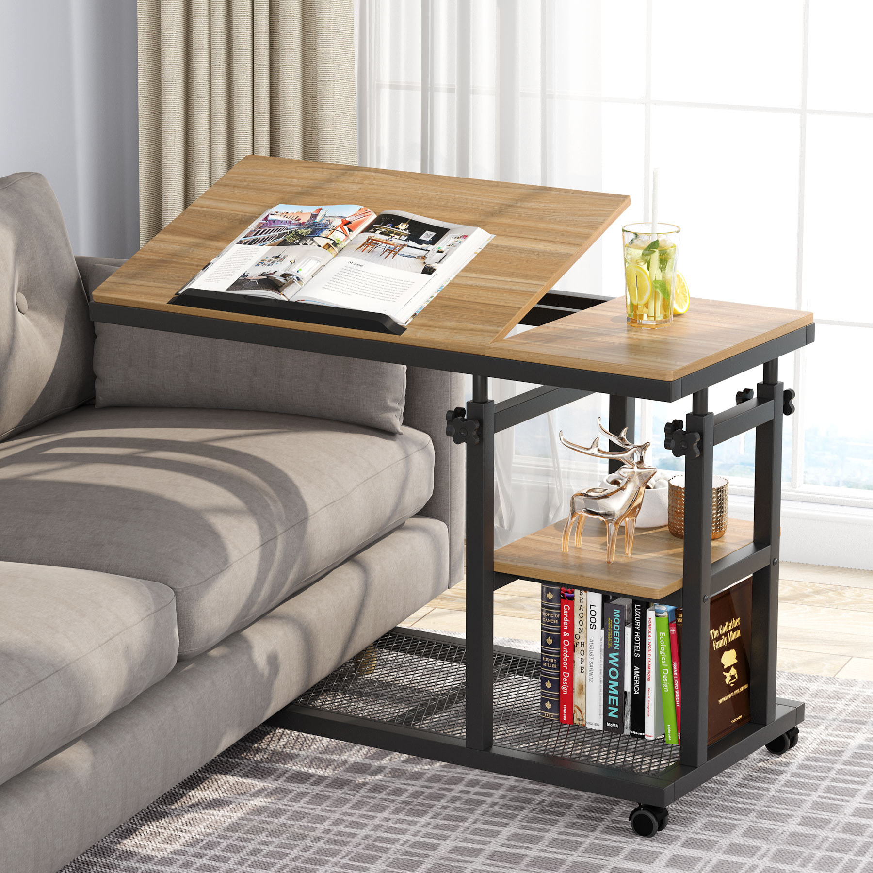 Tribesigns Height Adjustable C Table with Wheels