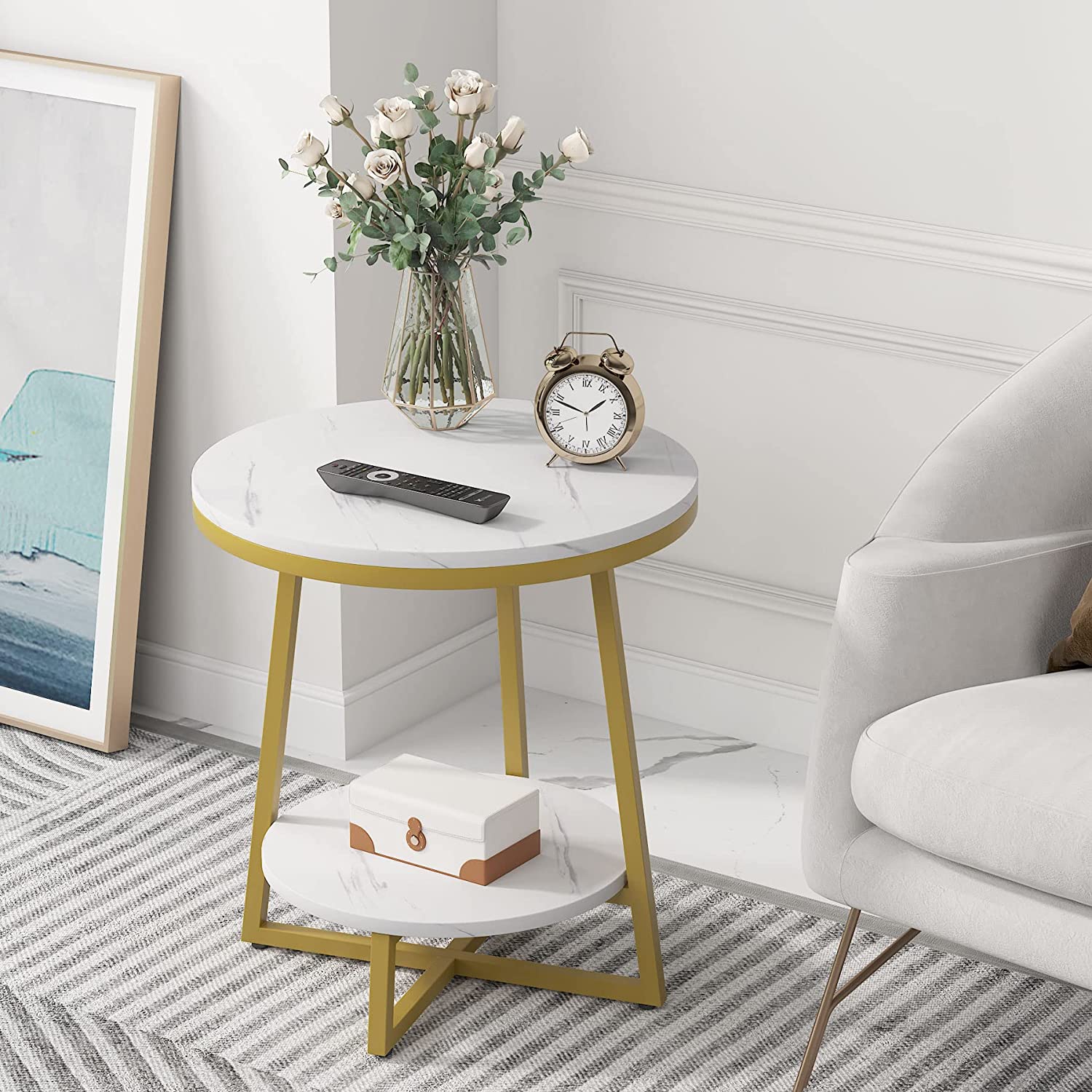 Tribesigns Gold End Table, 2 Tier Faux Marble Side Table with Storage Shelf