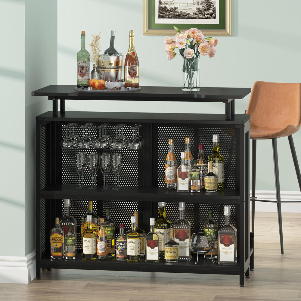 Tribesigns Home Bar Unit, 3 Tier Liquor Bar Table with Stemware Racks ...