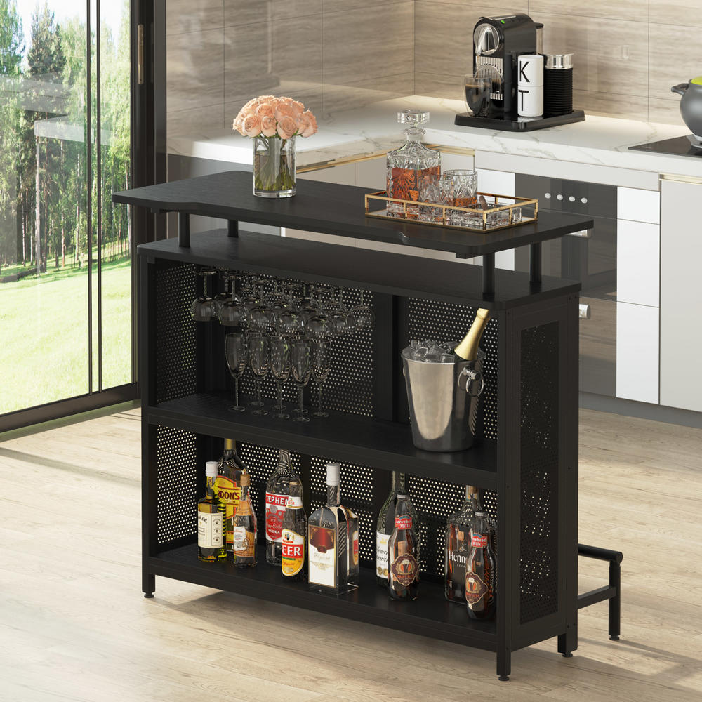 Tribesigns Home Bar Unit, 3 Tier Liquor Bar Table with Stemware Racks ...
