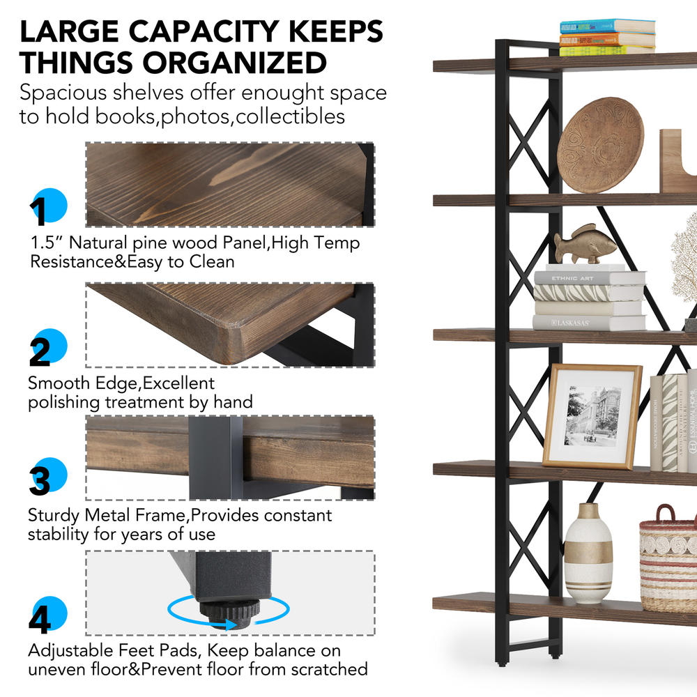 Tribesigns Solid Wood 5-Shelf Industrial Style Bookcase