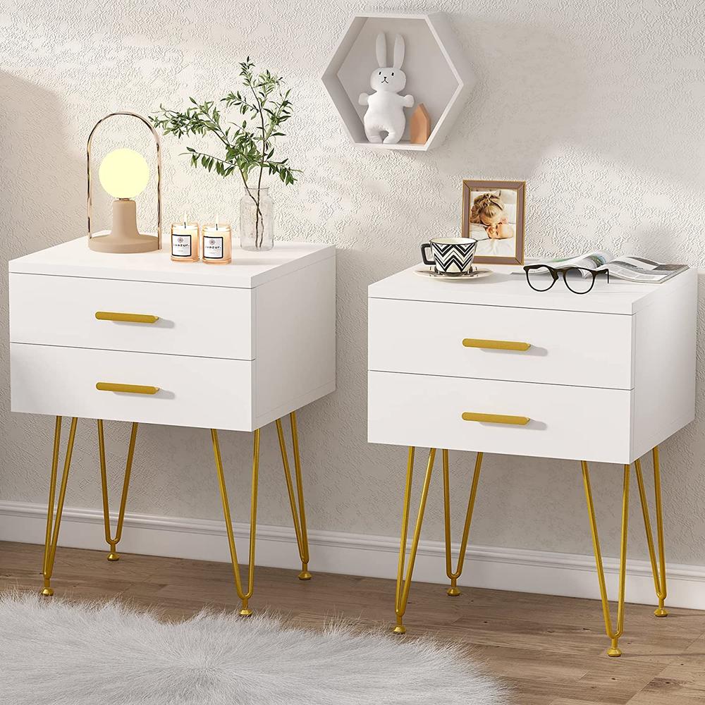 Tribesigns White and Gold Night Stand Bed Side Table with Metal Legs ...