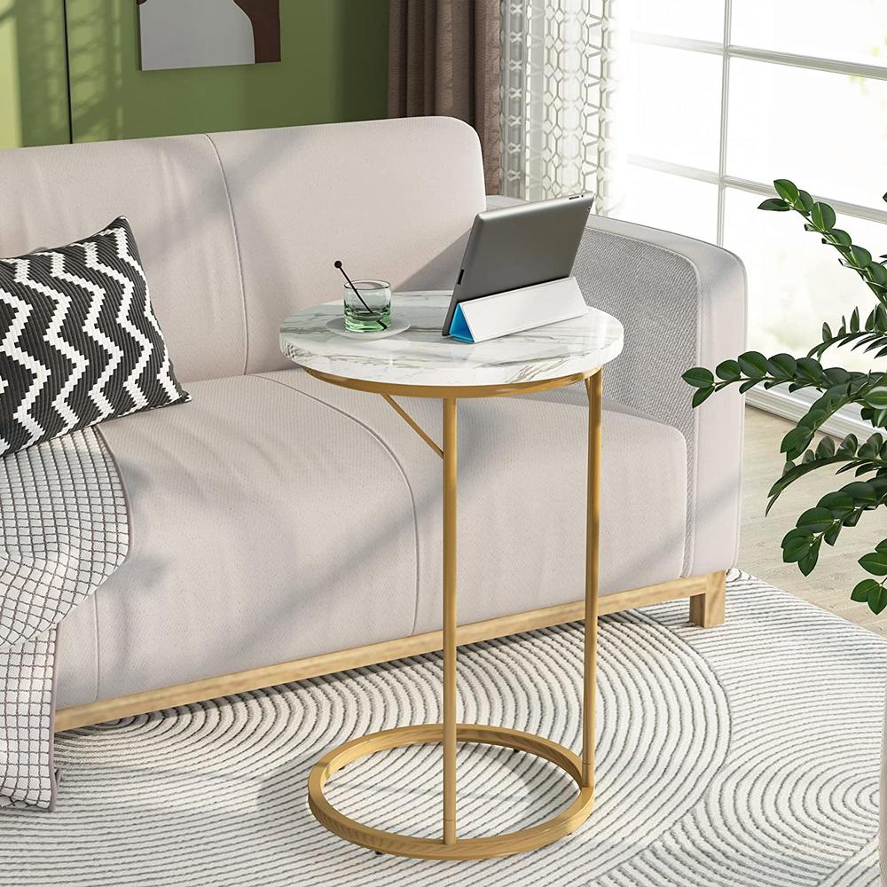 Tribesigns C Shaped Side Table, Round End Table with Faux Marble Top