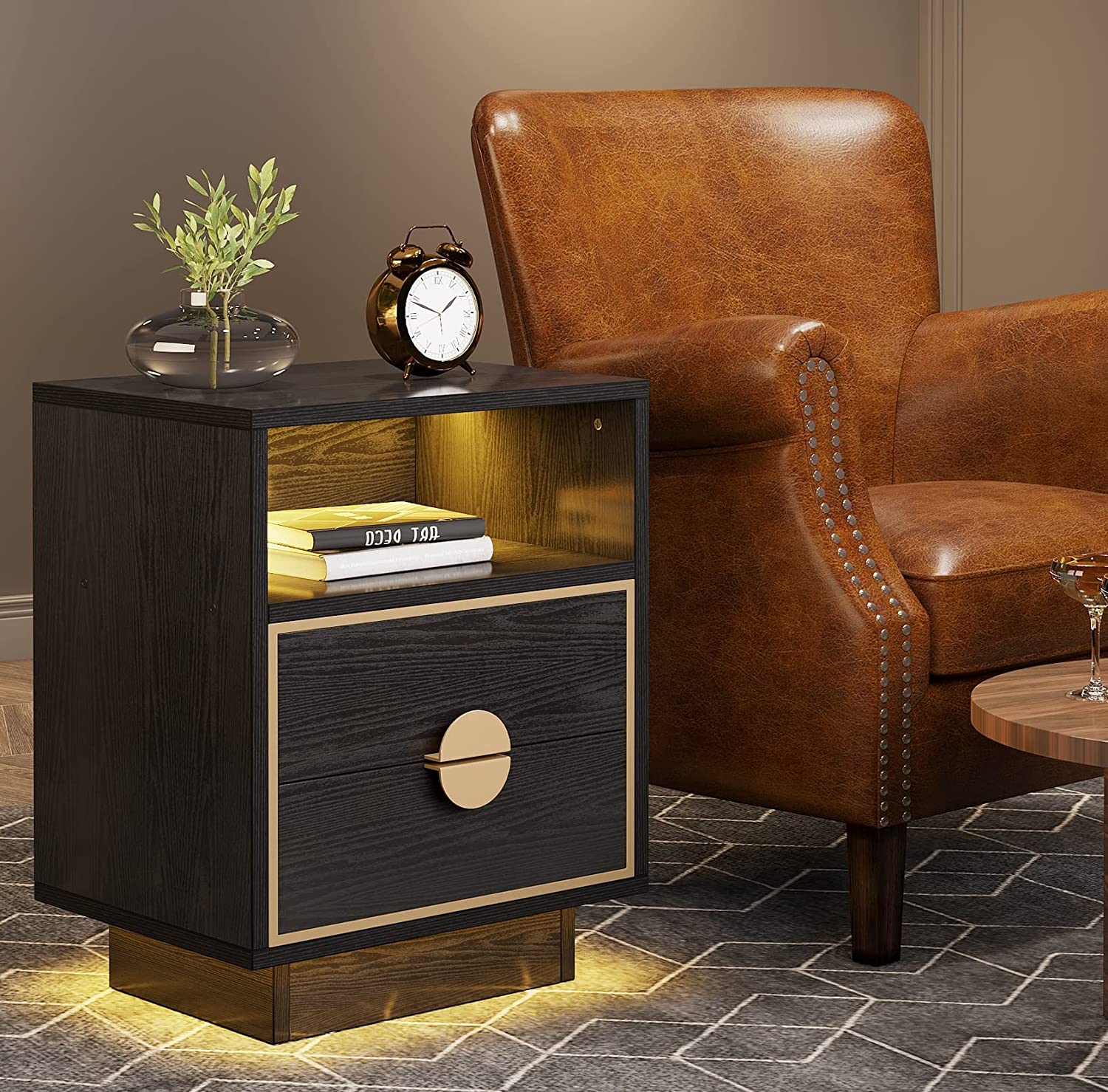 TribeSigns Tribesigns Led End Tables, 2 Drawers Black End Table, Wood ...