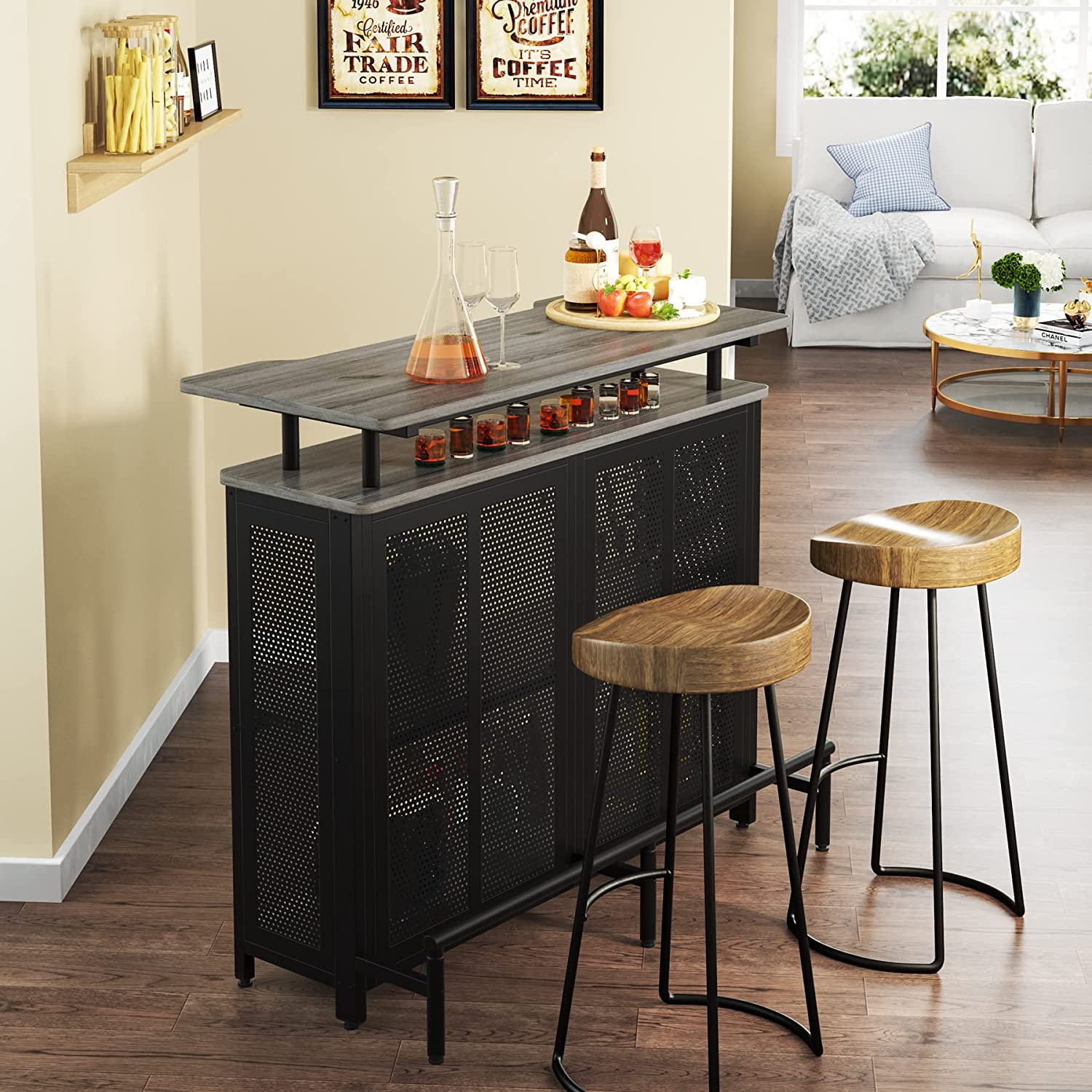 Tribesigns Home Bar Unit, 3 Tier Liquor Bar Table with Stemware Racks ...