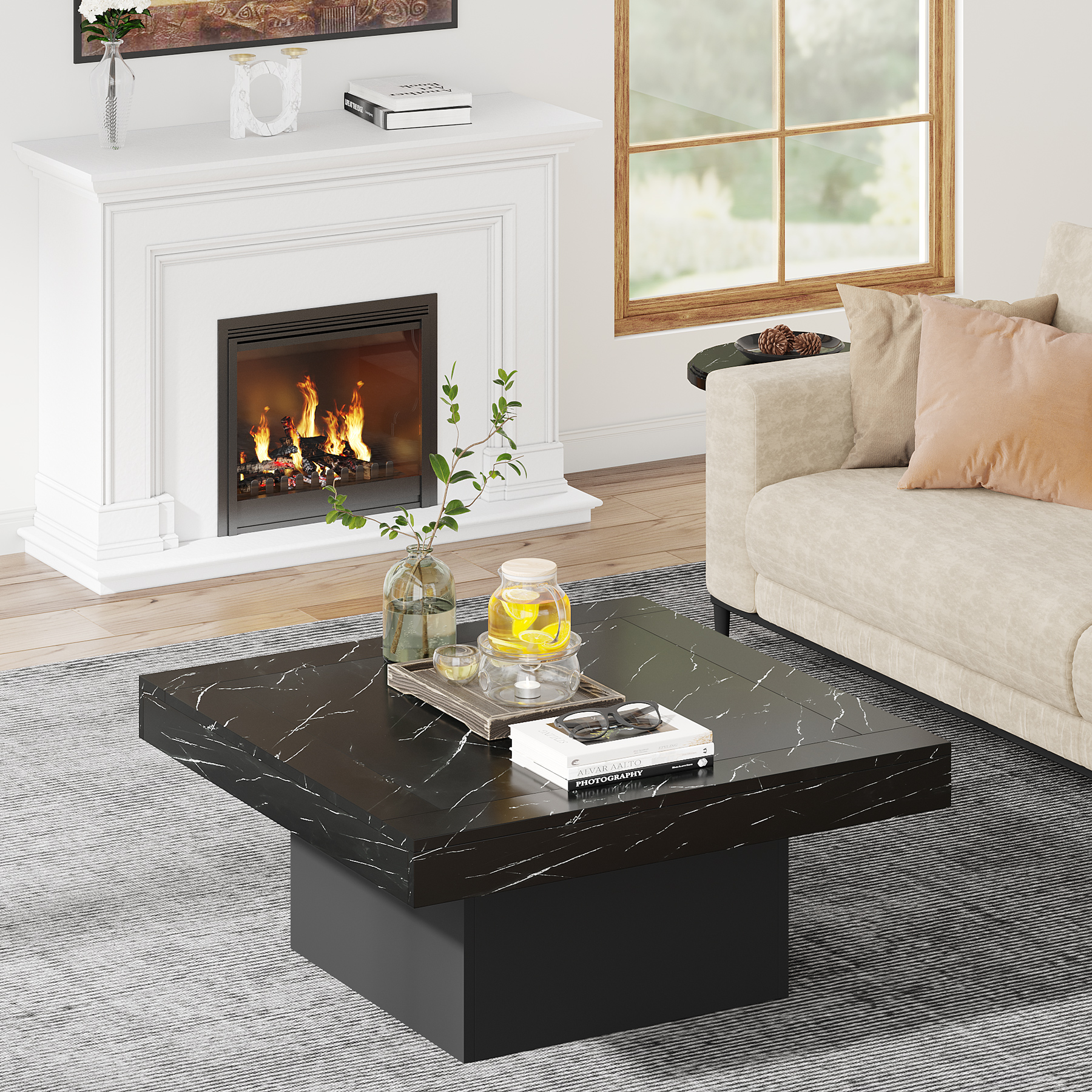 Tribesigns Farmhouse Coffee Table Square LED Coffee Table Engineered ...