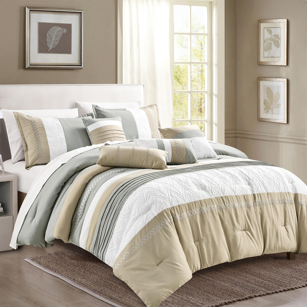 HIG 7 Piece Taupe Embroidery Comforter Set with Modern Stripe Design