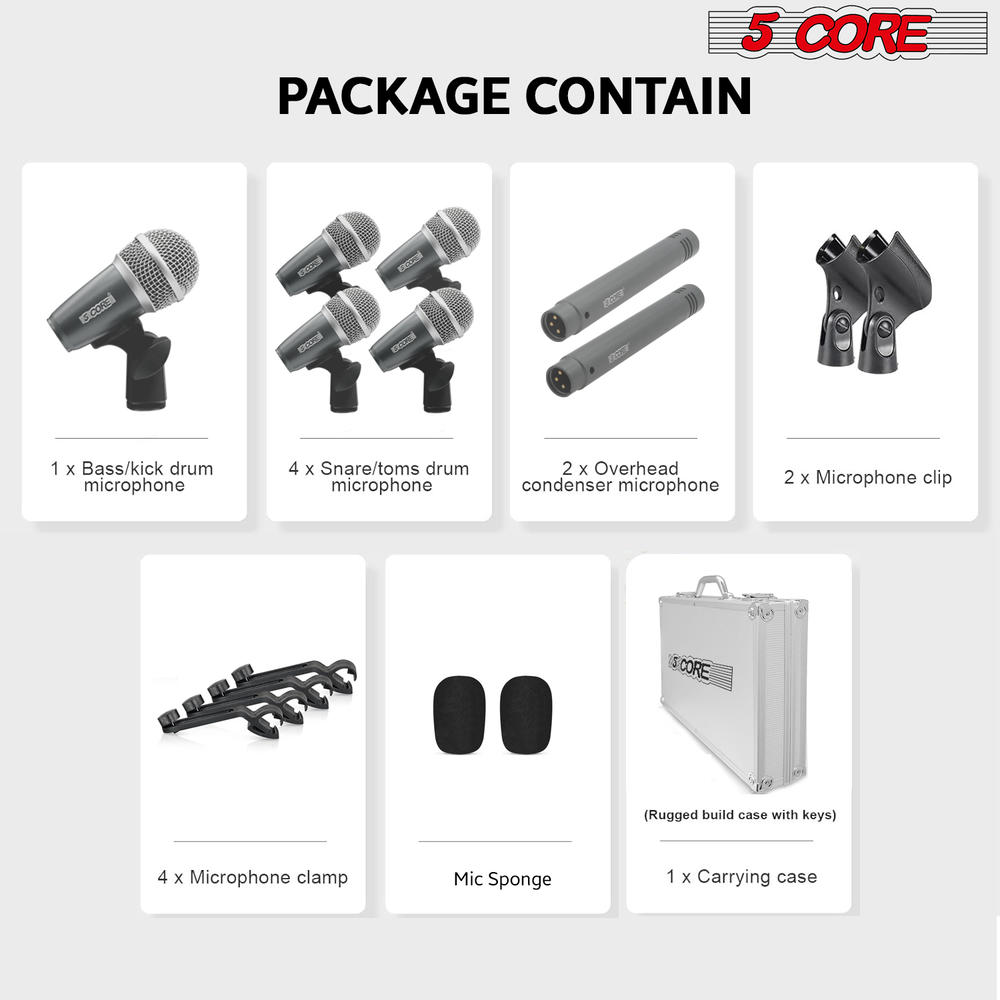 5 Core 7 Piece Drum Microphone Kit Wired Dynamic XLR Mics Kick Bass Tom ...