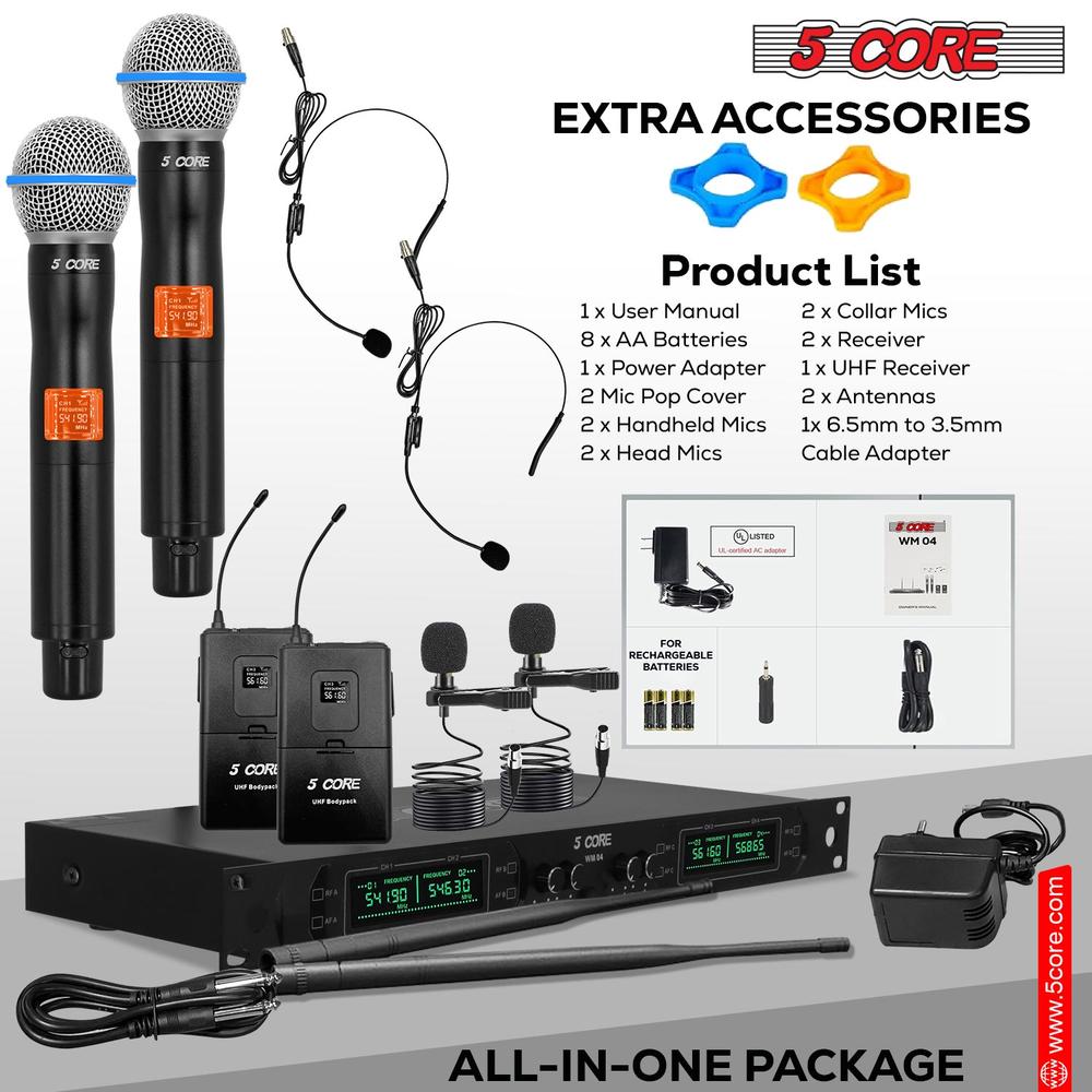 5 Core Wireless Microphones Set 4 Channel Fixed Frequency UHF Mic System Max 260ft Range w 2 ...