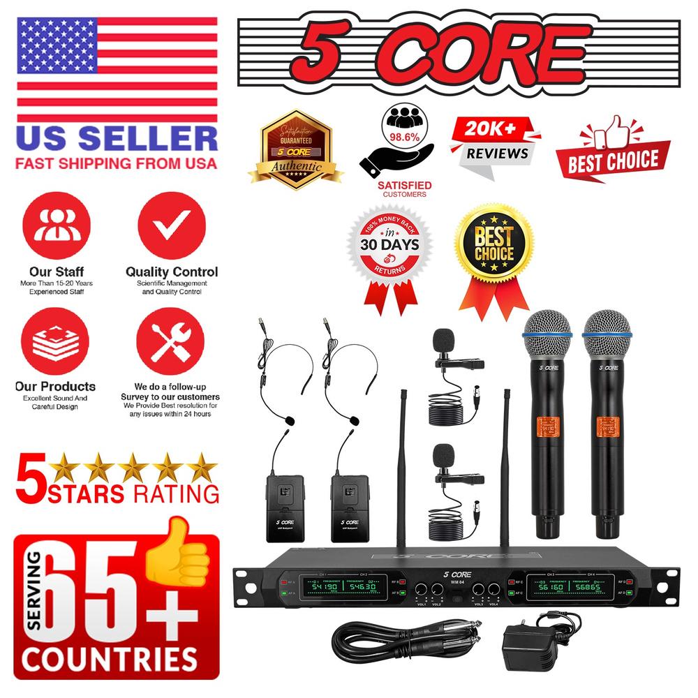 5 Core Wireless Microphones Set 4 Channel Fixed Frequency UHF Mic System Max 260ft Range w 2 ...