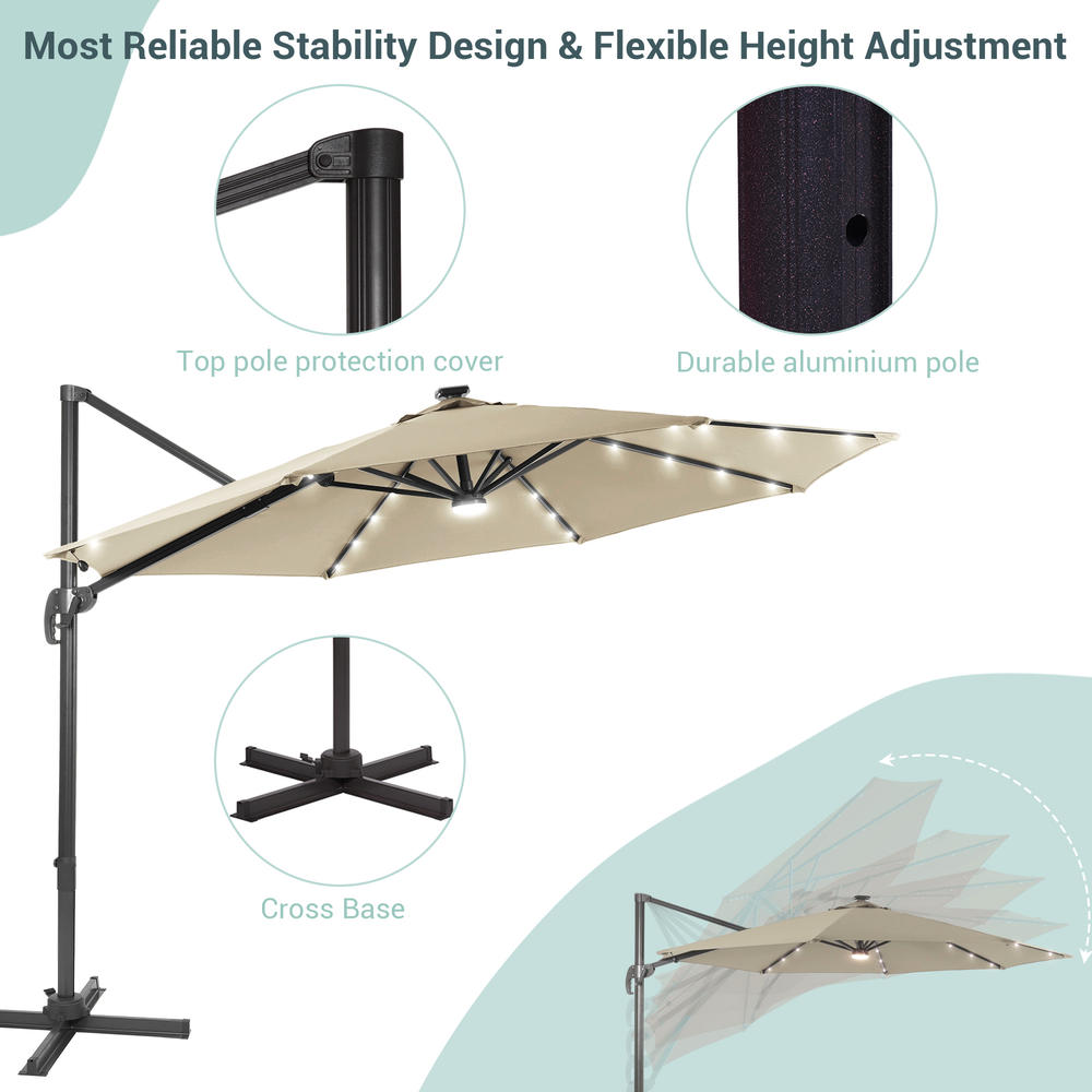 FLAME&SHADE 11FT LED Cantilever Patio Umbrella with 360° Rotation and ...