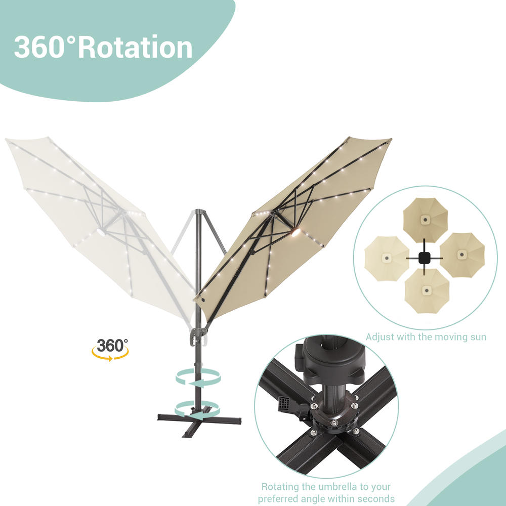 FLAME&SHADE 11FT LED Cantilever Patio Umbrella with 360° Rotation and ...