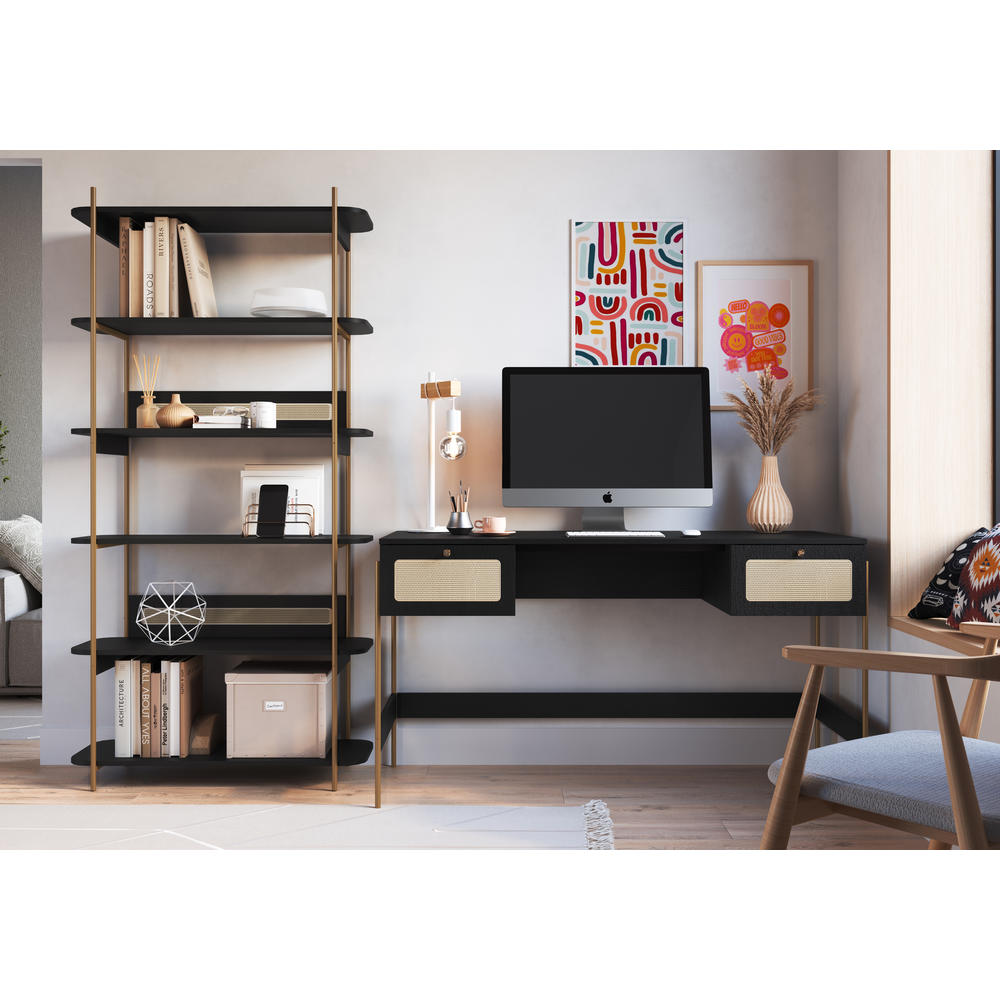 Kybeledecor Boho 6 Tier Bookcase Iron Gold Legs And Rattan Accent