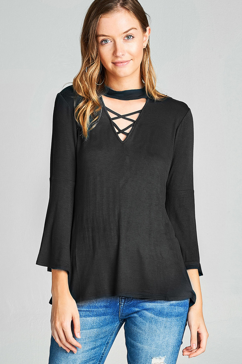 Cali Chic Junior's Tops Celebrity 3/4 Bell Sleeve Cross Strap V-Neck ...