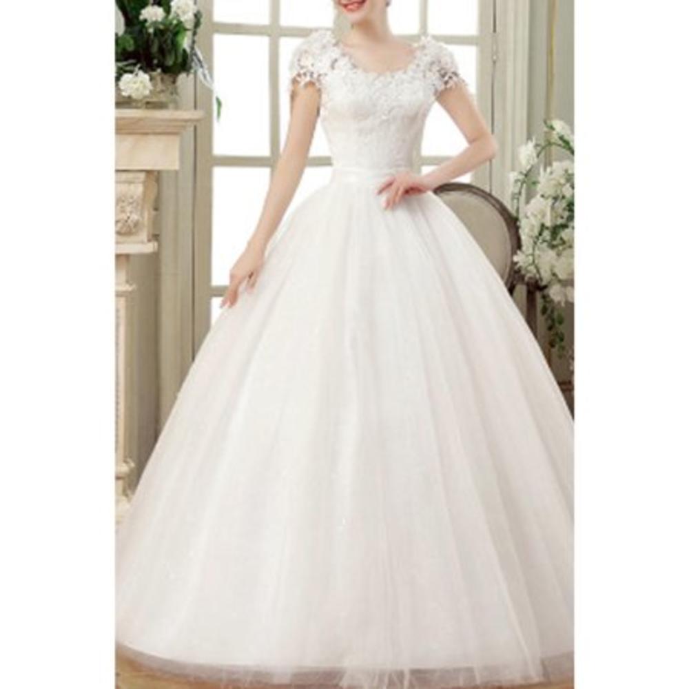 Unomatch Women Lace Decorated Short Sleeve Wedding Dress