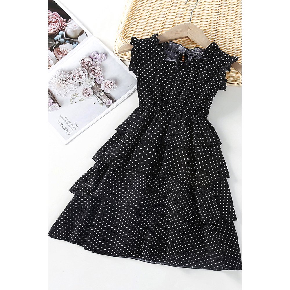 Unomatch Kids Girls Ruffled Hem Small Polka Dotted Summer Sleeveless Soft Dress
