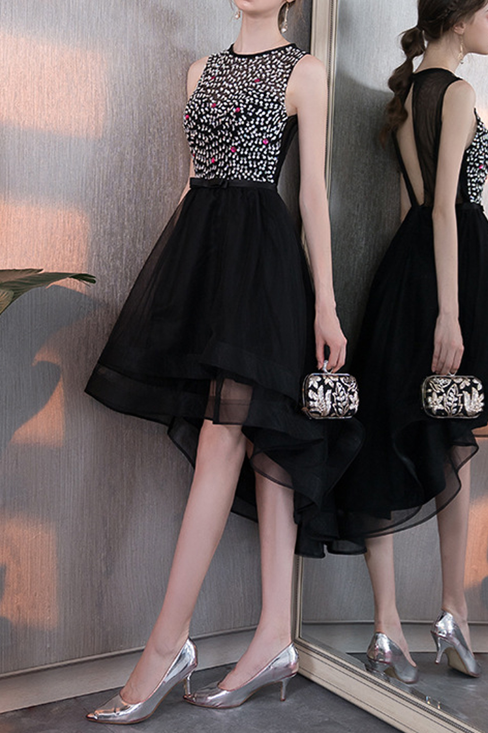 Unomatch Women Round Neck Beads Decorated Evening Dress