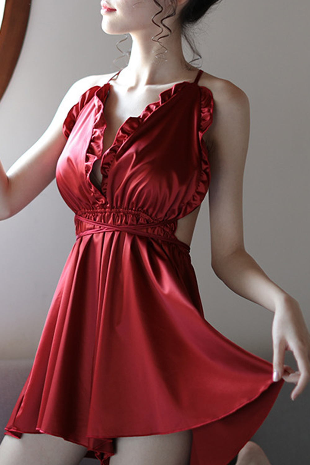 Unomatch Women Halter Soft Silk Ruffled Lingerie