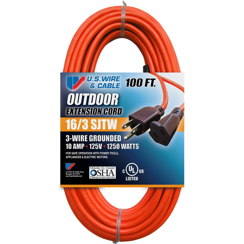 US WIRE & CABLE Three Conductor Grounded Orange Cord - 300V 16/3 x 100ft