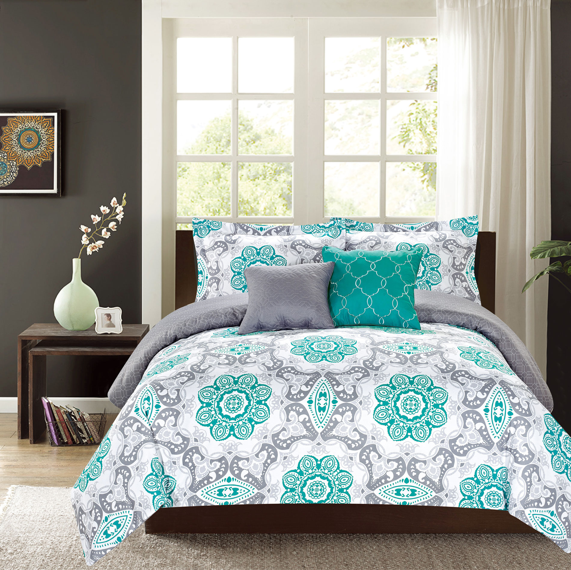 Howplumb King Comforter 5 Pc. Bedding Set, Teal and Gray Medallion ...