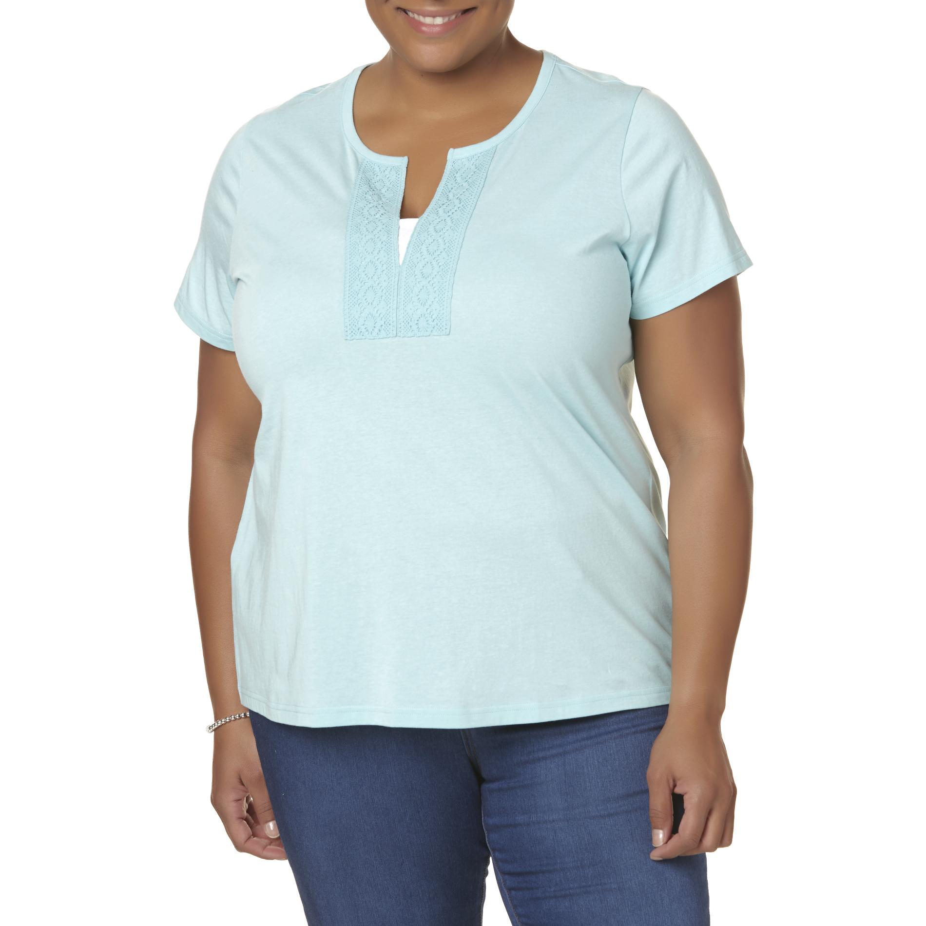 Basic Editions Women's Plus Embellished Short-Sleeve Top