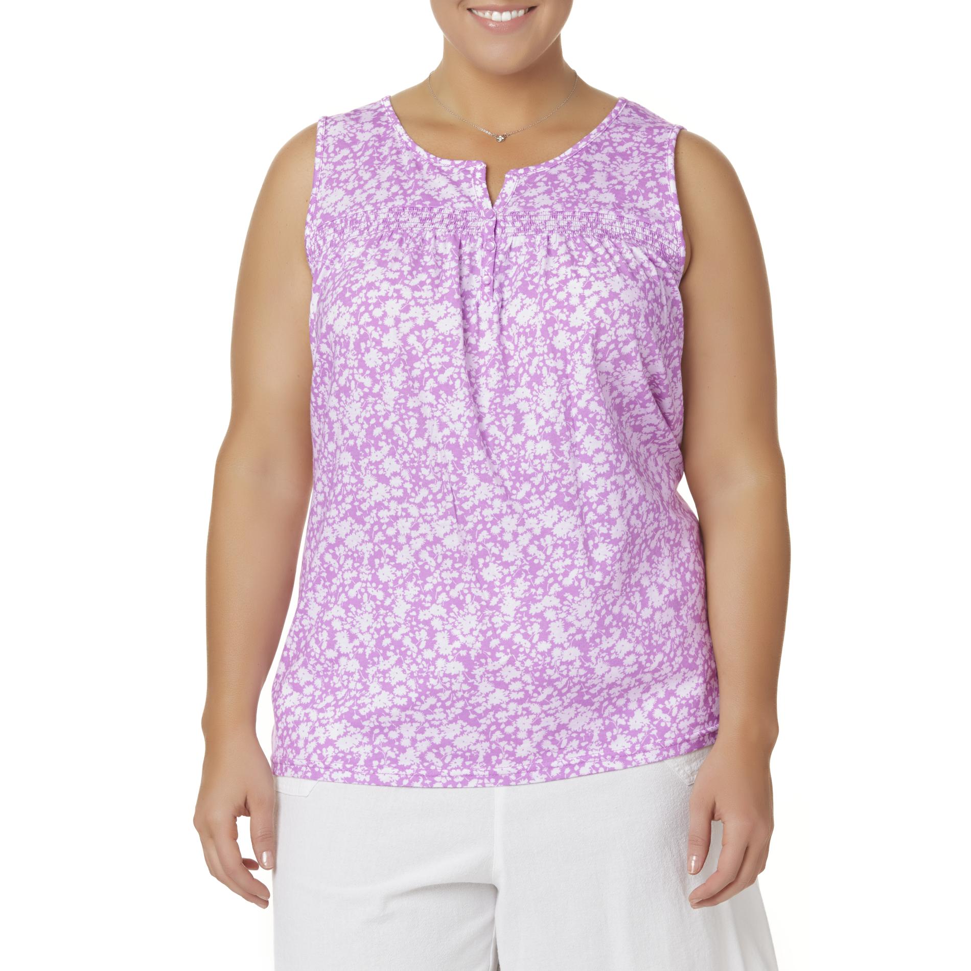 Basic Editions Women's Plus Smocked Tank Top - Floral